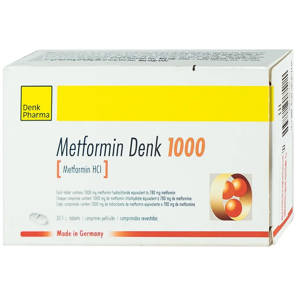 Thuốc điều trị đái tháo đường Metformin Denk 1000 hộp 2 vỉ x 15 viên