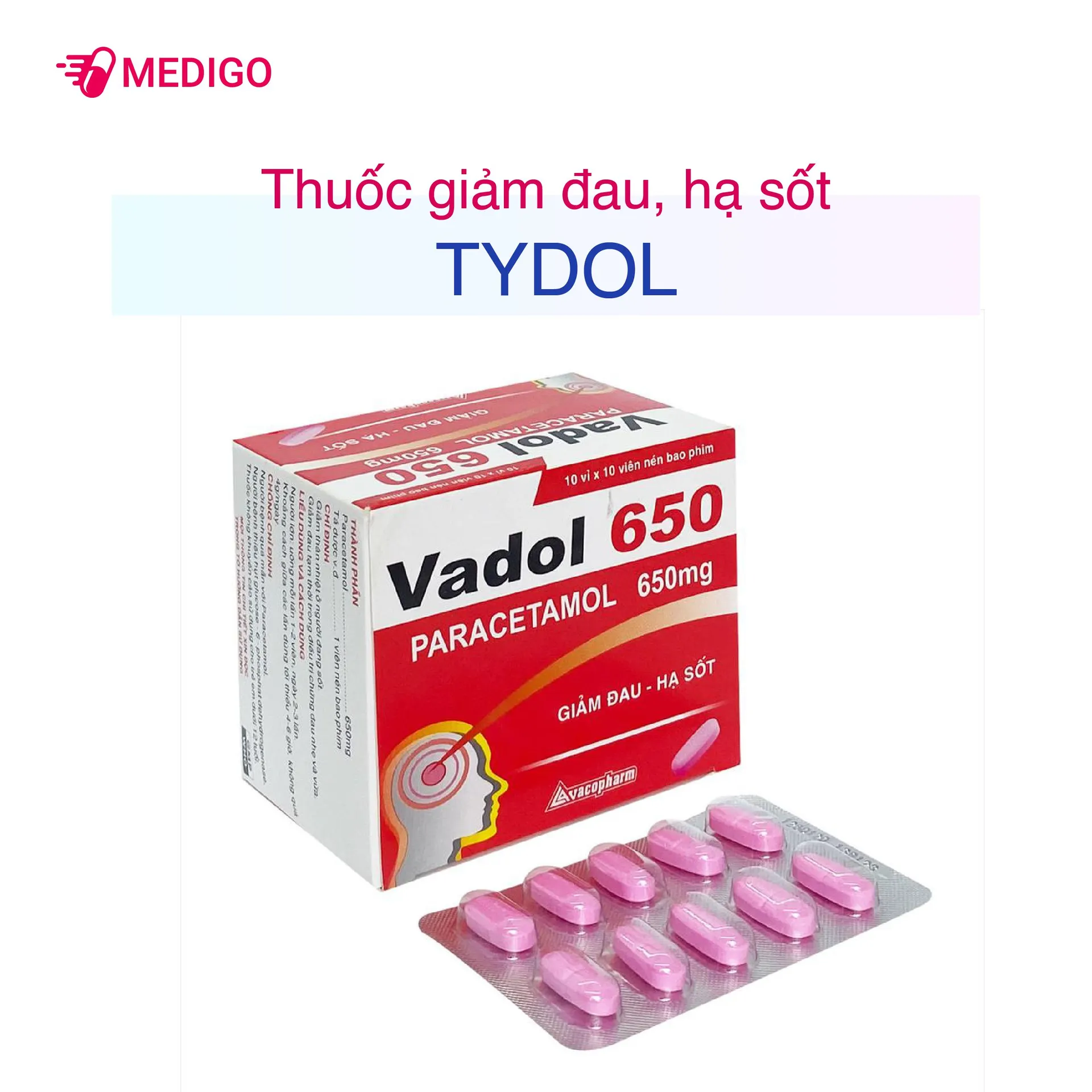 Thuốc giảm đau, hạ sốt Vadol 650 hộp 10 vỉ x 10 viên nén